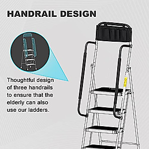 HBTower 4 Step Ladder with Handrails, Folding Step Stool with Attachable Tool Bag & Anti-Slip Wide Pedal for Home Kitchen Pantry Office, 330lbs Capacity Black