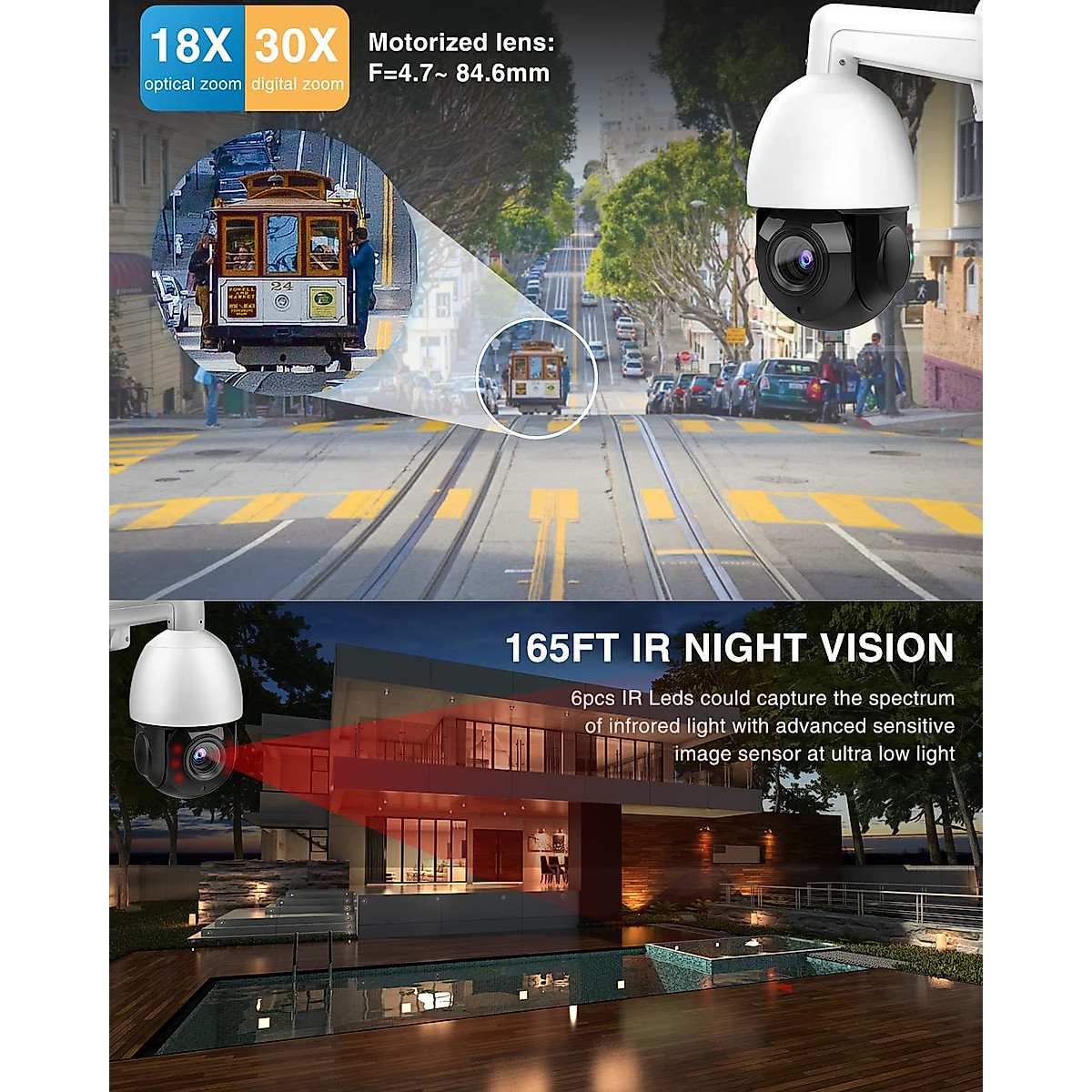 5MP Auto Tracking PTZ Camera - 18x Optical Zoom 4.7-84.6mm Lens, 2-Way Talk & Siren, Human/Vehicle Detection, 165ft IR Night Vision, Auto Cruise, Compatible for Hikvision PTZ Camera Outdoor