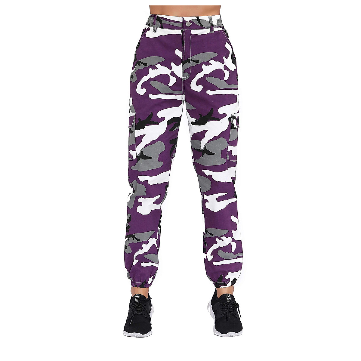 ZODLLS Women's Camo Pants Cargo Trousers Cool Camouflage Pants Elastic Waist Casual Jogger Pants with Pocket Purple Camo-M