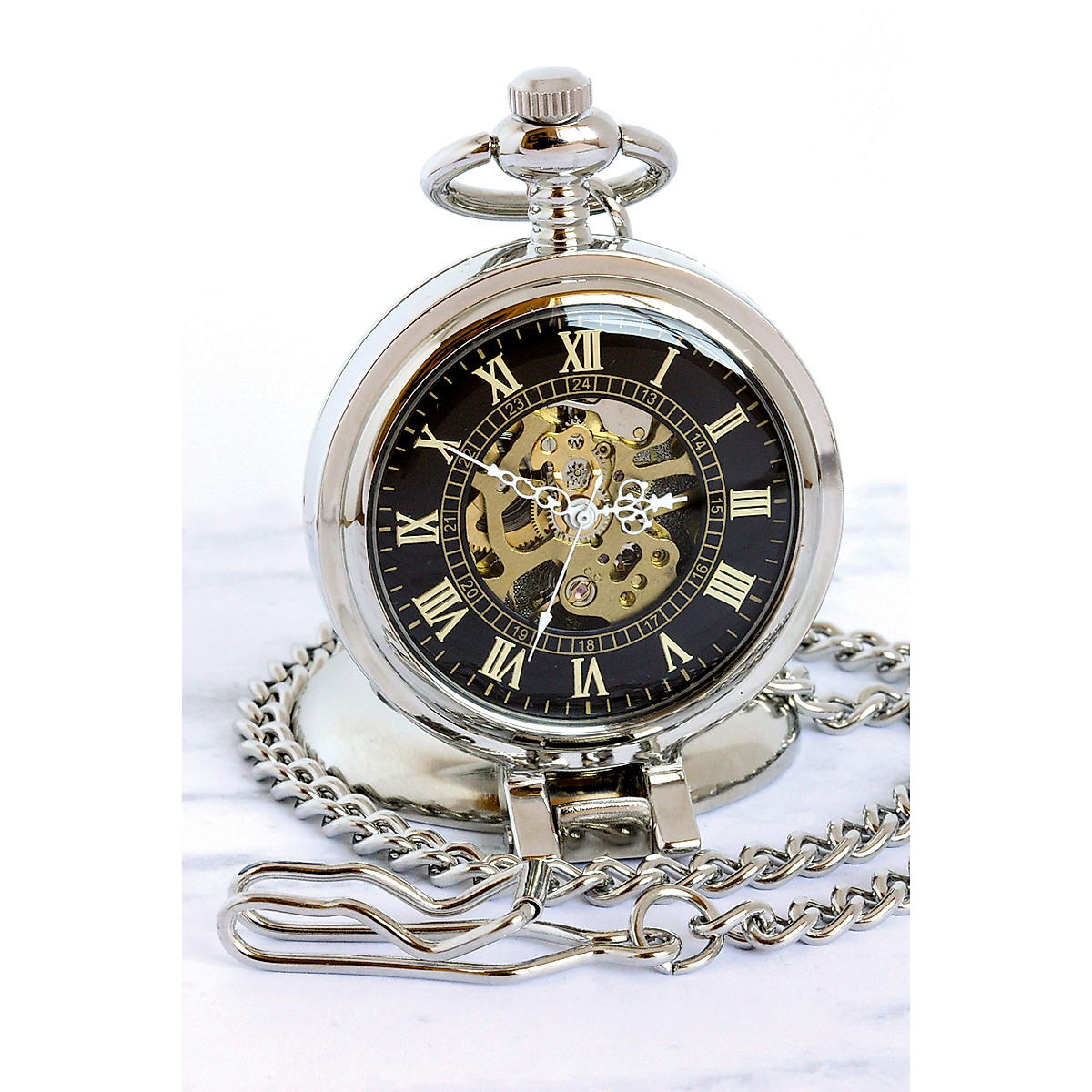 Coin Pocket Watch with Skeleton Quartz Movement | Gold Layered JFK Bicentennial Half Dollar | Genuine U.S. Coin | Sweeping Second Hand, Roman Numerals | Silvertone Case | Certificate of Authenticity