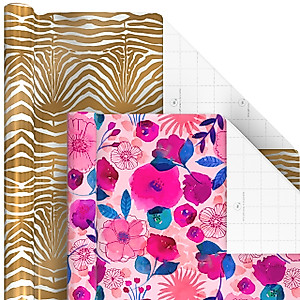 Hallmark Wrapping Paper Rolls for Birthday, Bridal Shower, Baby Shower, Gift Wrap Paper (Set of 6 Rolls: 180 sq. ft. ttl.) Butterflies, Gold Animal Print, Pink Flowers for All Occasions