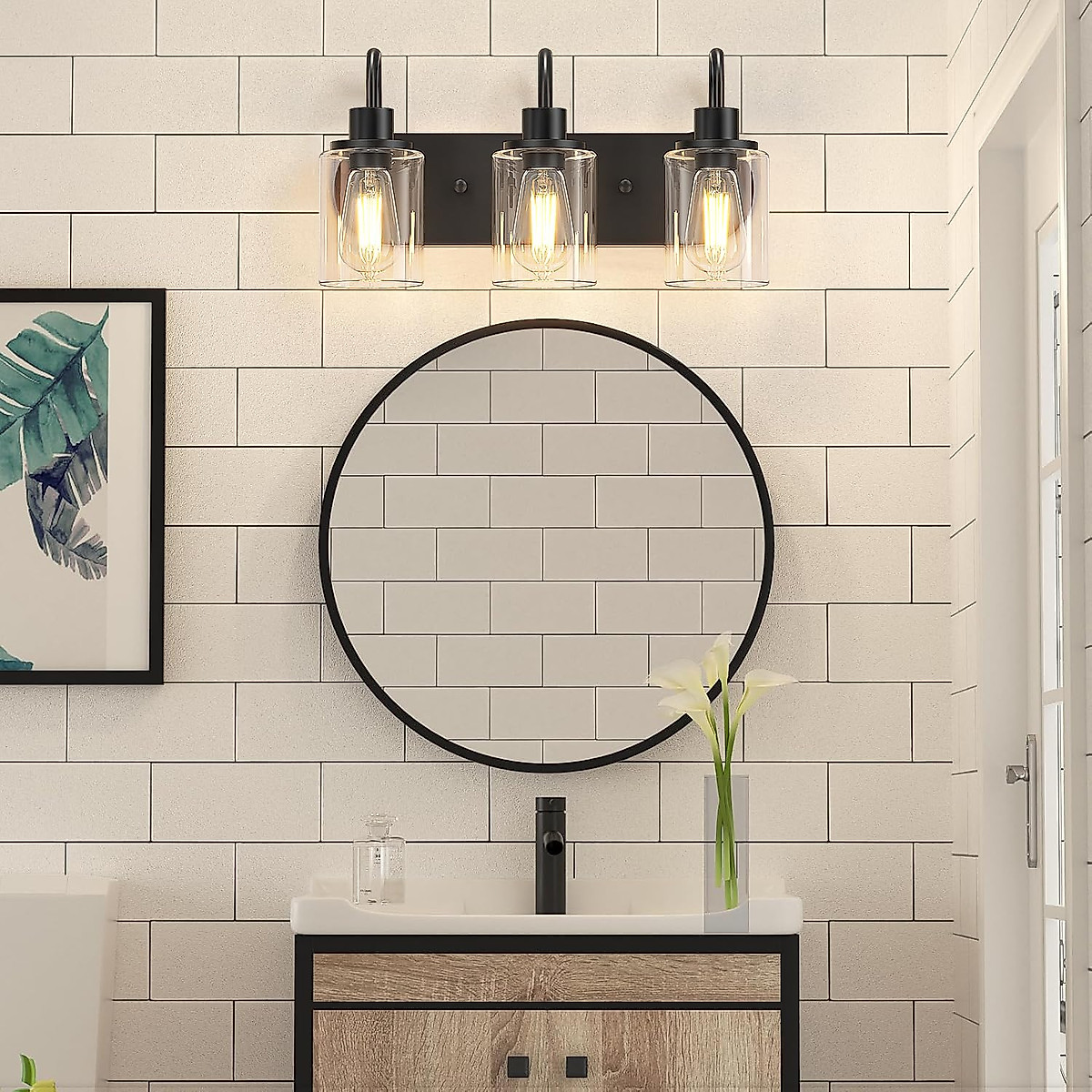 Baocuz 3-Light Bathroom Light Fixtures, Black Vanity Light Farmhouse Wall Sconces with Clear Glass Shade, Modern Bathroom Wall Lamp for Mirror Bedroom Hallway Living Room Cabinet