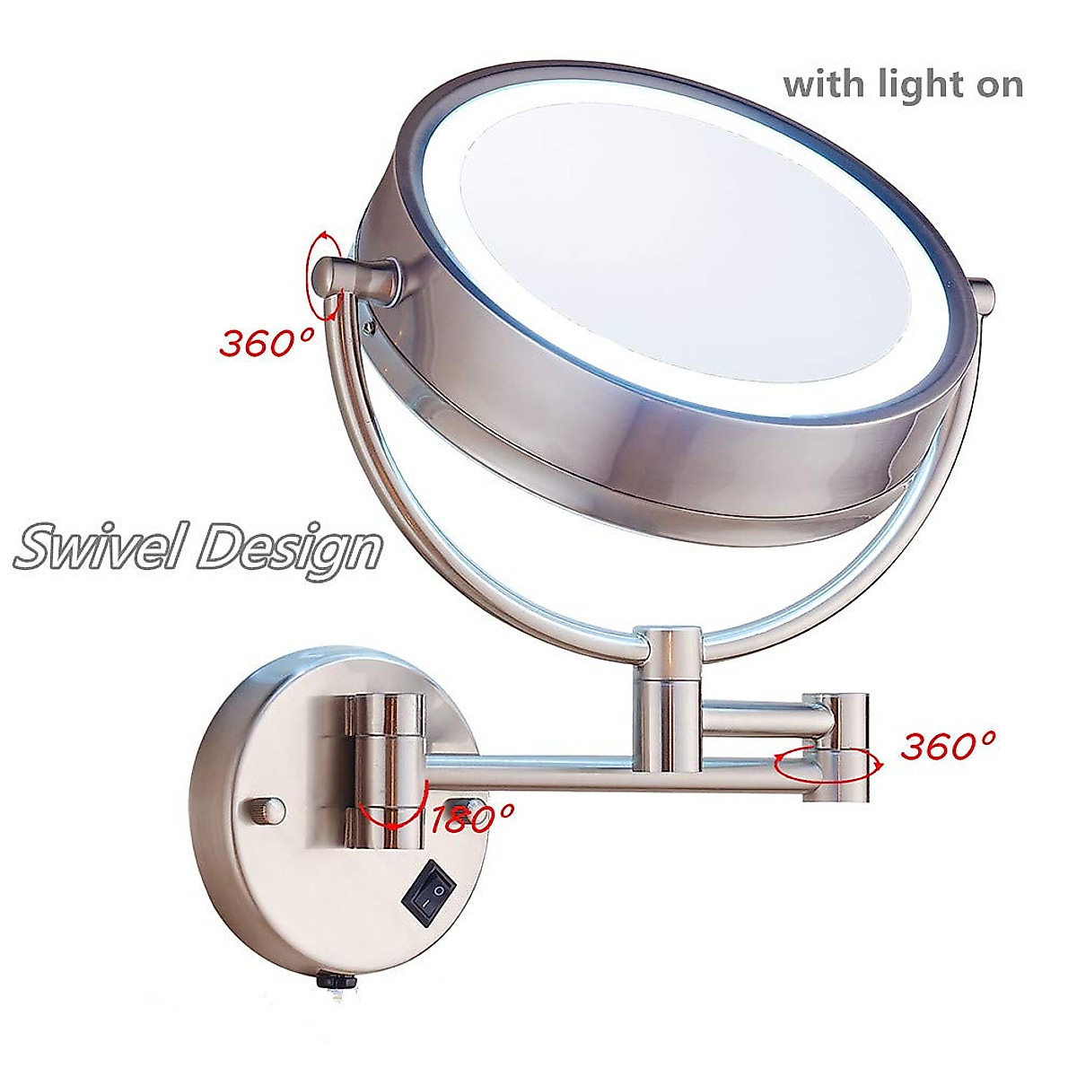 Cavoli Bathroom Extension Mirror 9 Inches with LED Lighted 7X Magnification Beauty, 3 Colors Lights Modes,13" Extension Arm Magnifying Vanity Mirror Electric Plug Powered, Brushed Nickel