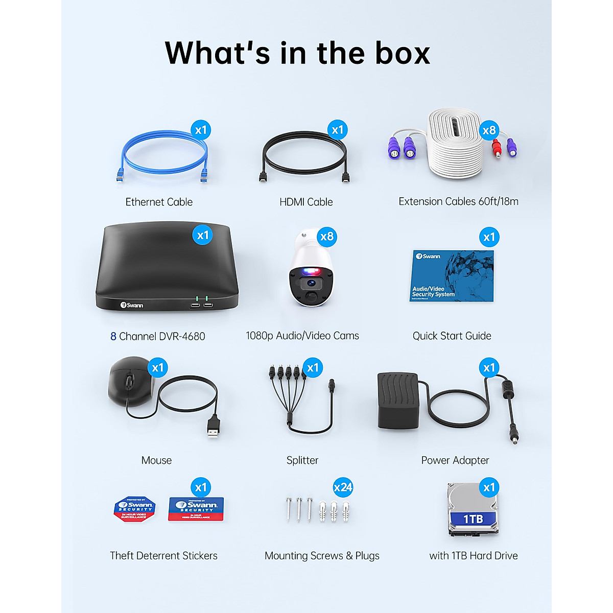 Swann Home DVR Security Camera System with 1TB HDD,8 Channel 8 Camera,1080p Video,Indoor or Outdoor Wired Surveillance CCTV,Color Night Vision,Heat Motion Detection,LED Lights,846808