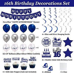 16th Birthday Decorations for Boys Girls, Blue Silver Sweet 16th Birthday Party Decorations, Happy 16th Birthday Backdrop, Banner, Balloons, Pompoms, Hanging Swirls, Birthday Card, Cake Topper 54pcs