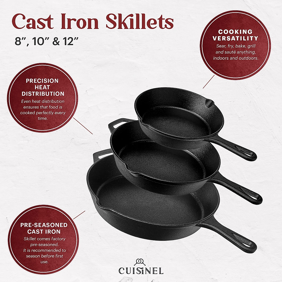 Cuisinel Cast Iron Skillet Set - 8" + 10" + 12"-Inch Pre-Seasoned Frying Pans + Silicone Handle Grip Covers - Use Indoor/Outdoor, Oven, Grill, Stove, BBQ, Fire, Induction - Kitchen/Camping Cookware