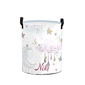 Moon Stars Round Storage Basket Personalized Name Laundry Basket Waterproof Nursery Hamper with Handle for Living Room Bedroom and Clothes