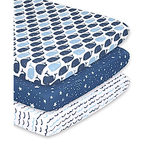 The Peanutshell Mini Crib Sheets Set for Pack & Play, Playard, Playpen, Mini Crib, 3 Pack, Nautical Whale