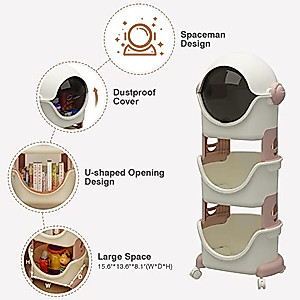 BanaSuper Kids Storage Cart with Wheels Spaceman Shape 3-Tier Rolling Bins for Toddler Dustproof Cover Children Toy Storage Organizer for Kids in Playroom Bedroom Nursery (Pink)