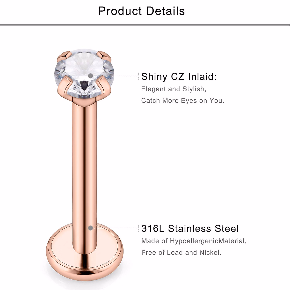 Lcolyoli Lip Ring 16G 316L Stainless Steel Labret Monroe Barbell 3mm Round CZ Gem Heart Cartilage Helix Tragus Nose Stud Piercing Jewelry for Women Men 12PCS Ball with Flat Back Rose Gold