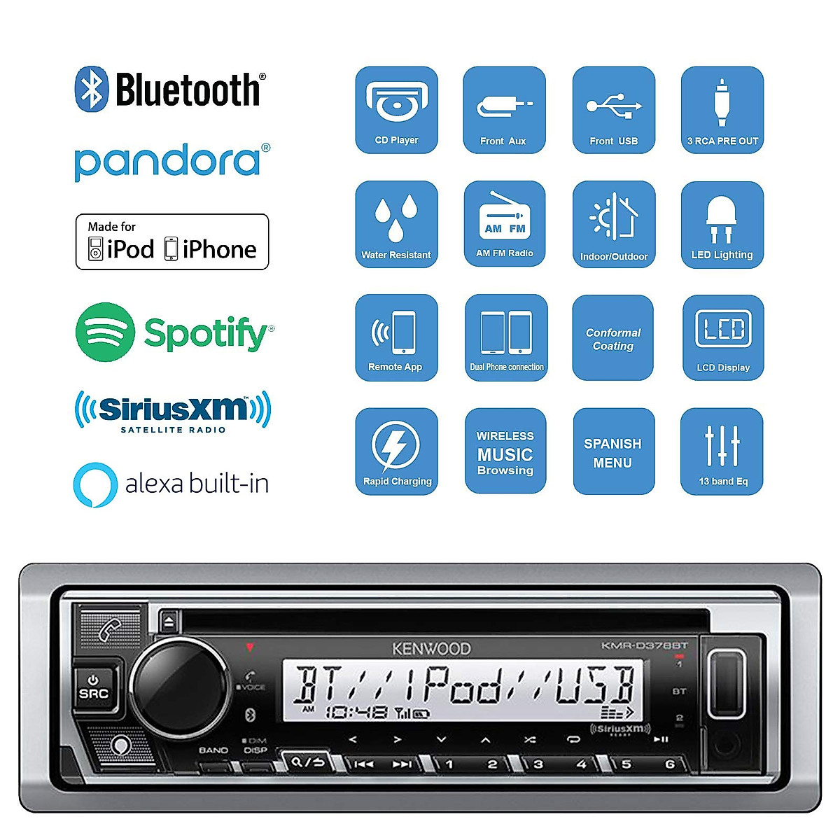 PKG-MR378BT Receiver Package + 6-1/2" Marine Speaker (KMR-D378BT & KFC-1633MRW)