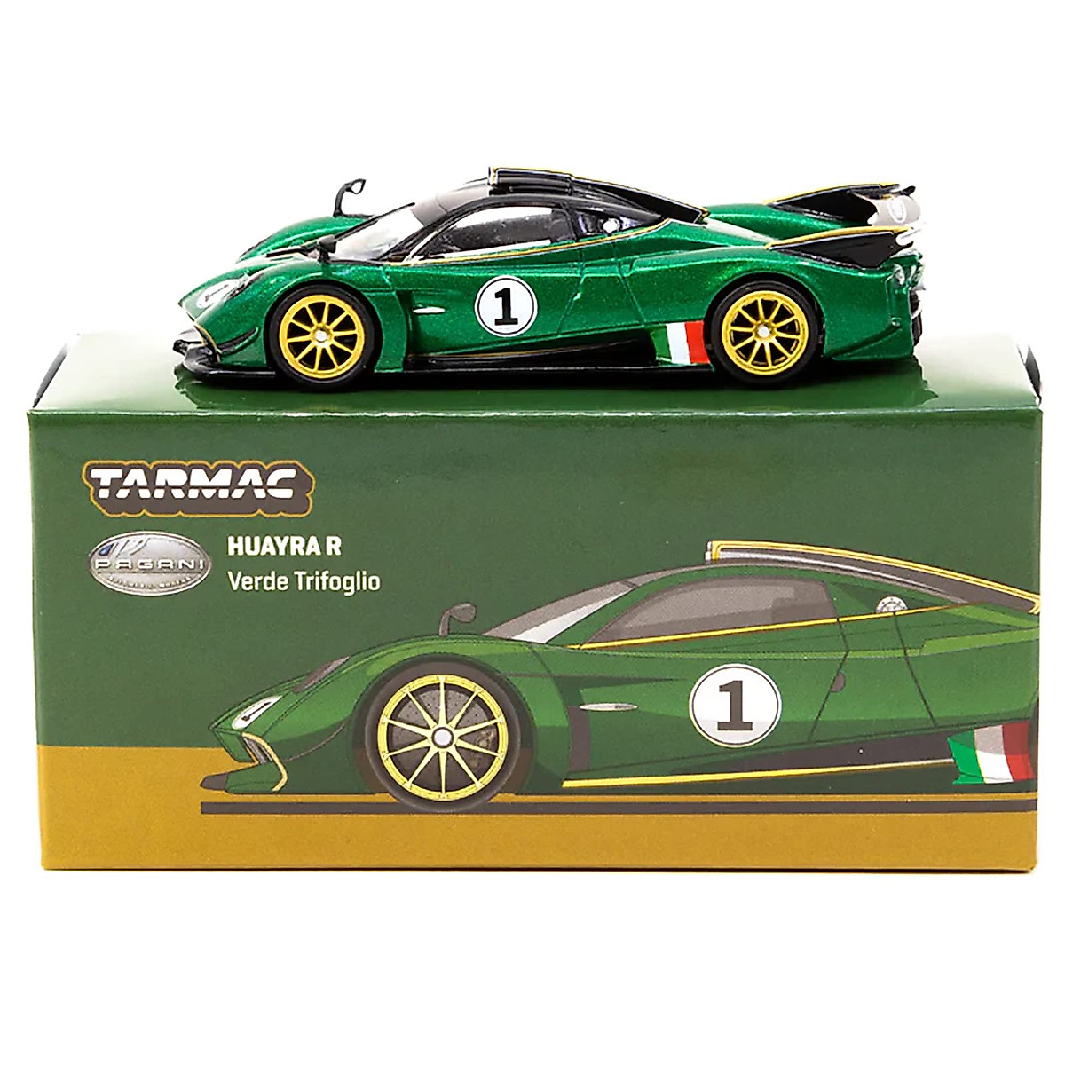 Pagani Huayra R #1 Verde Trifoglio Green Metallic w/Black Top and Gold Stripes Global64 Series 1/64 Diecast Model Car by Tarmac Works T64G-TL035-GR