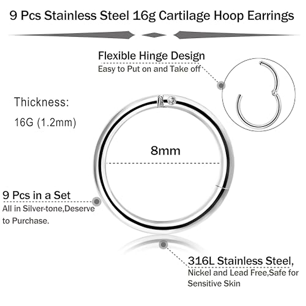 FIBO STEEL 9 Pcs Stainless Steel 16g Cartilage Hoop Earrings for Men Women Nose Hoop Ring Helix Septum Conch Daith Lip Tragus Piercing Jewelry
