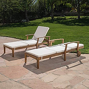 Great Deal Furniture Daisy Outdoor Teak Finish Chaise Lounge with Cream Water Resistant Cushion (Set of 2)
