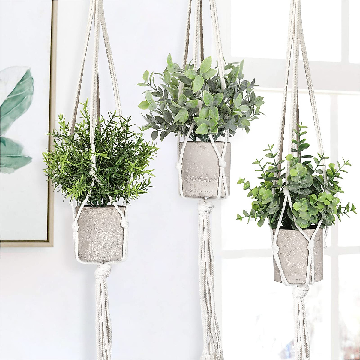 Artificial Plants 3 Pack Mini Fake Plants Fake Hanging Plants Artificial Decor with 3 Macrame Plant Hangers Decorative Plants Faux Hanging Plants Greenery Decor for Wall Kitchen Bathroom Home Office