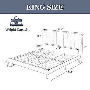 Allewie King Bed Frame/Velvet Upholstered Bed Frame with Vertical Channel Tufted Headboard/Strong Wooden Slats/Platform Bed Frame/Mattress Foundation/Box Spring Optional/Easy Assembly/Black