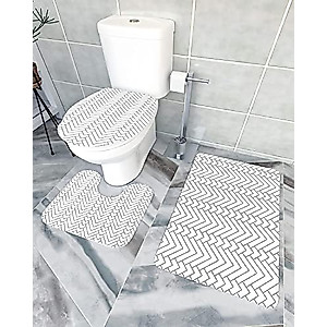 Apular Fashion 3 Piece Bath Rugs Set Modern Herringbone Geometric Grey and White Non Slip Ultra Soft Bathroom Accessories Mats, U Shape Mat and Toilet Lid Cover Mat Bath Mats
