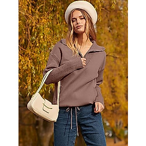ANRABESS Quarter Zip Sweaters for Women Long Sleeve Casual Collared V Neck Knit Zipper Loose Fit Solid Pullover Jumper 2023 Fall Winter Fashion Clothes with Pockets 780doukou-S