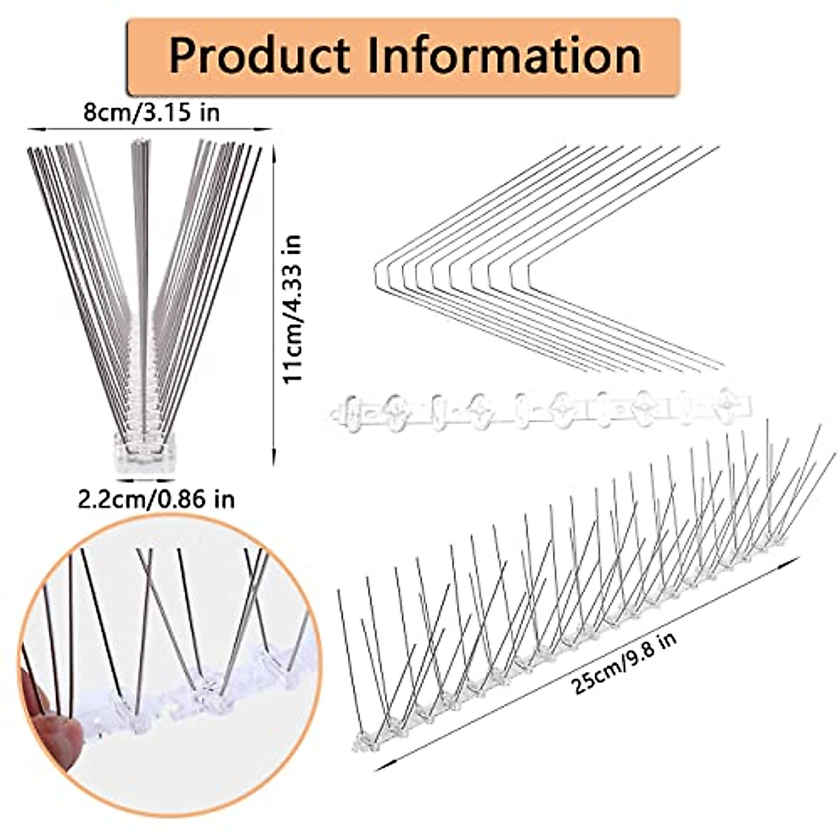 GeBot Bird Spikes for Small Birds, Bird Deterrent Spikes Stainless Steel Pigeon Spikes for Fence Roof Mailbox Window (3.3Ft 4 Strips(Uninstalled Spikes))