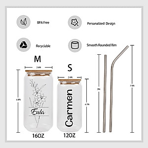 Mostop Personalized Iced Coffee Glass with Lids and Straws, Can Glass Cups, Custom Birth Flower Tumbler, Mother's Day Gift Birthday Gifts, Gifts for Her Girlfriend Bachelorette Party