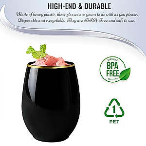 Smarty Had A Party Black Stemless Plastic Wine Glasses With Gold Rim Design (12 Oz.) - Pack Of 16 - Disposable & Chic, Perfect For Parties, Weddings, Events, Gatherings, & More