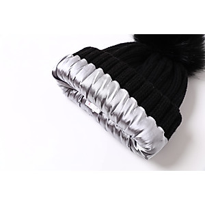 Roniky Womens Winter Beanie Hat, Silk Satin Lined Faux Fur Pom Pom Beanies Hat for Women Girls Warm Winter Knit Hats Black