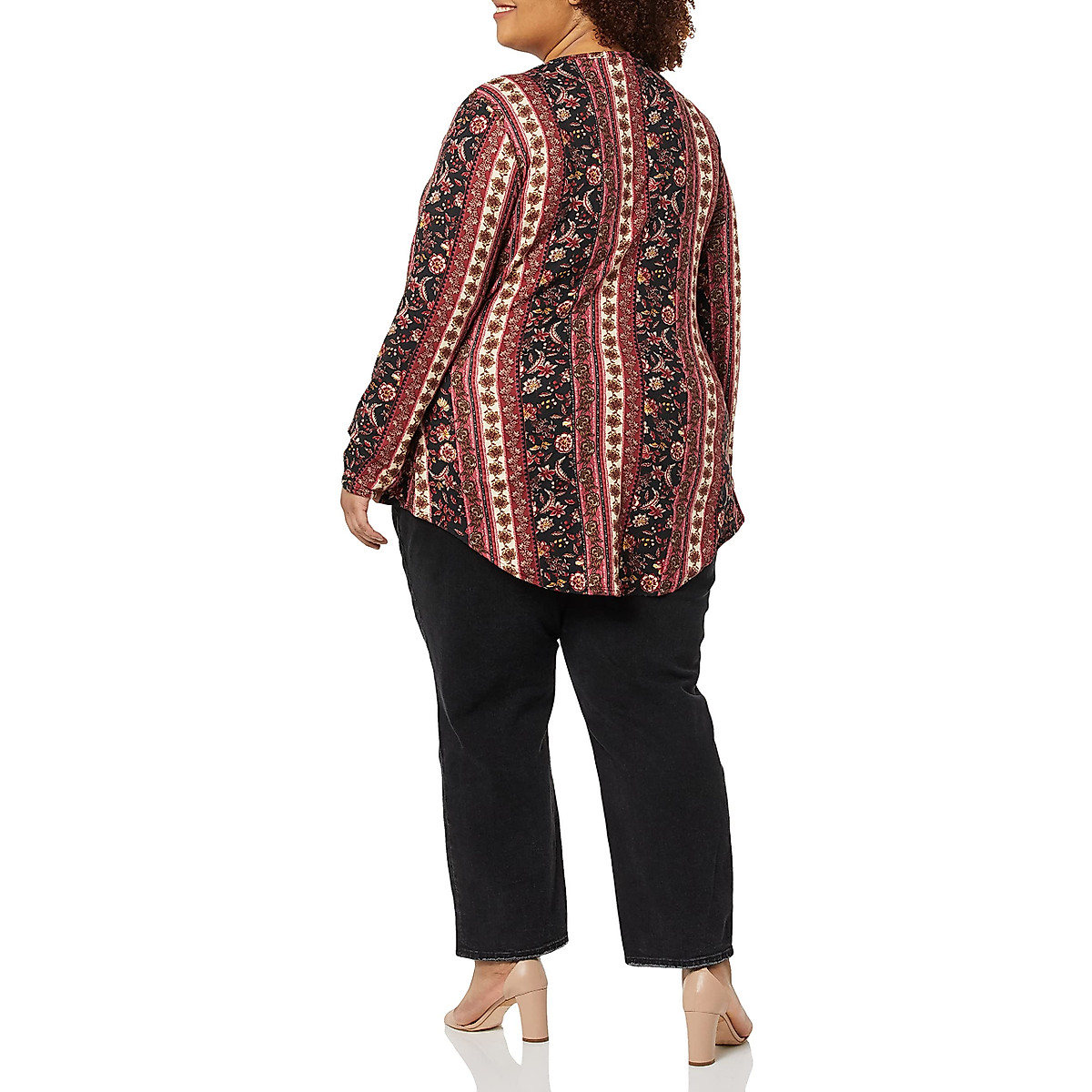 Star Vixen Women's Petite Long Sleeve Babydoll Top with V Neck, Black Mauve Wallpaper, PM