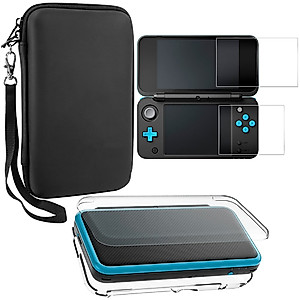 Protective Cases Compatible New 2DS XL with Screen Protectors, AFUNTA 1 Crystal Clear Case and 1 EVA Carrying Case for Console, with 2 Pcs Anti-Scratch Tempered Glass Films for Screens