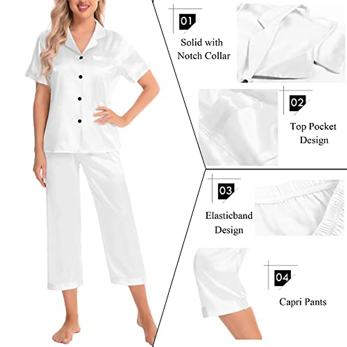 SWOMOG Women Satin Pajama Set Short Sleeve Sleepwear Capri Silk Pjs Set 2 Piece Loungewear Button Down Nightwear with Pockets