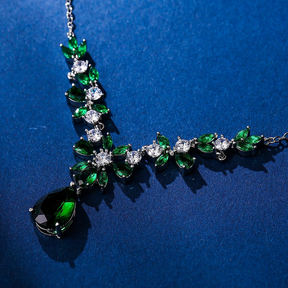 EleQueen Women's Wedding Bridal Jewelry Set for Brides Bridesmaids, Sparkle Cubic Zirconia Teardrop Necklace Dangle Earrings Bracelet Sets for Party Prom Emerald Color