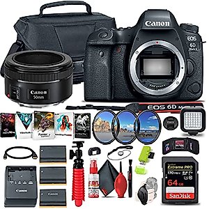 Canon EOS 6D Mark II DSLR Camera (Body Only) (1897C002) + Canon EF 50mm Lens + 64GB Memory Card + Case + Filter Kit + Corel Photo Software + 2 x LPE6 Battery + LED Light + More (Renewed)