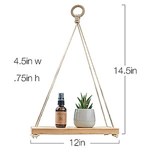 Kuratere Bamboo Hanging Wall Shelf - Indoor BoHo Plant Shelf - Macrame Rope 12 Inch Eco Friendly Wooden Floating Shelves for Organized Bedrooms, Living Rooms, Closets or Bathrooms