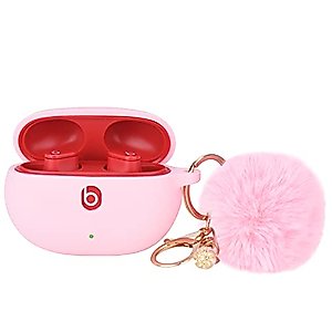 Pink Case for Women Cute Designed for Beats Studio Buds Case Cover with Pom pom, Silicone Protective Keychain Cover Compatible with Beats Studio Buds 2021, Accessories Keychain and Pom pom