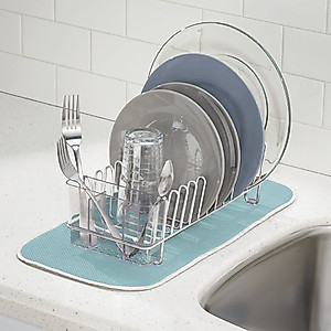 mDesign Steel Compact Modern Dish Drying Rack with Removable Cutlery Tray, Caddy - Dish Drainer, Dish Rack for Kitchen Counter, Sink - Holds Dishes, Utensil, Board - Concerto Collection - Chrome/Clear