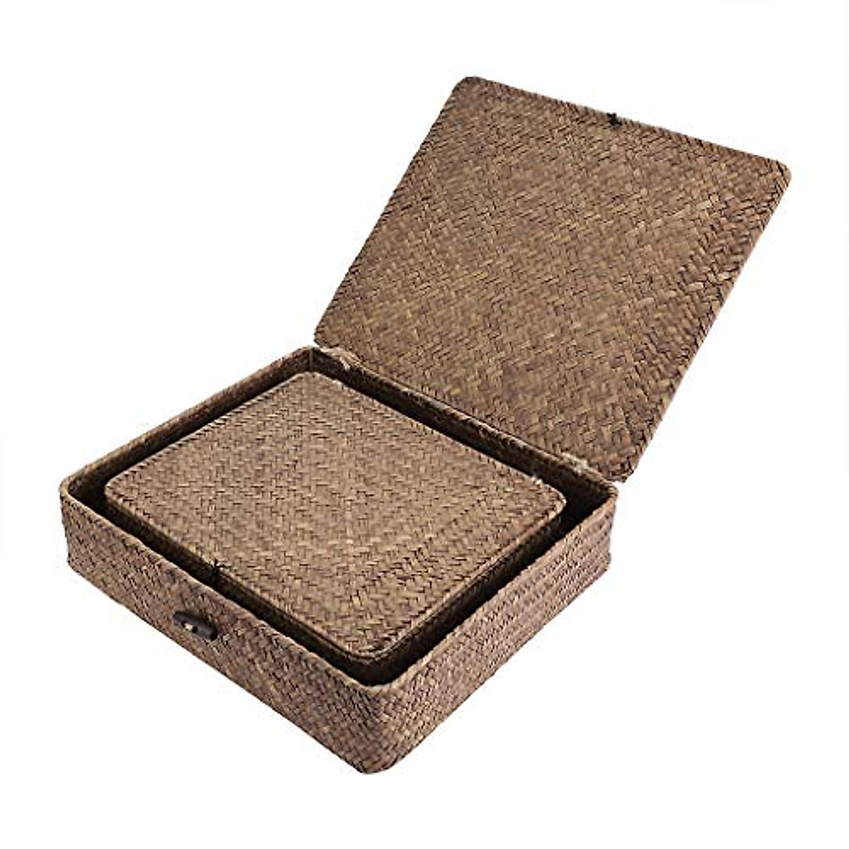 Hipiwe Set of 2 Flat Woven Wicker Storage Bins with Lid Natural Seagrass Basket Boxes Multipurpose Home Organizer Bins Boxes for Shelf Organizer (Coffee)