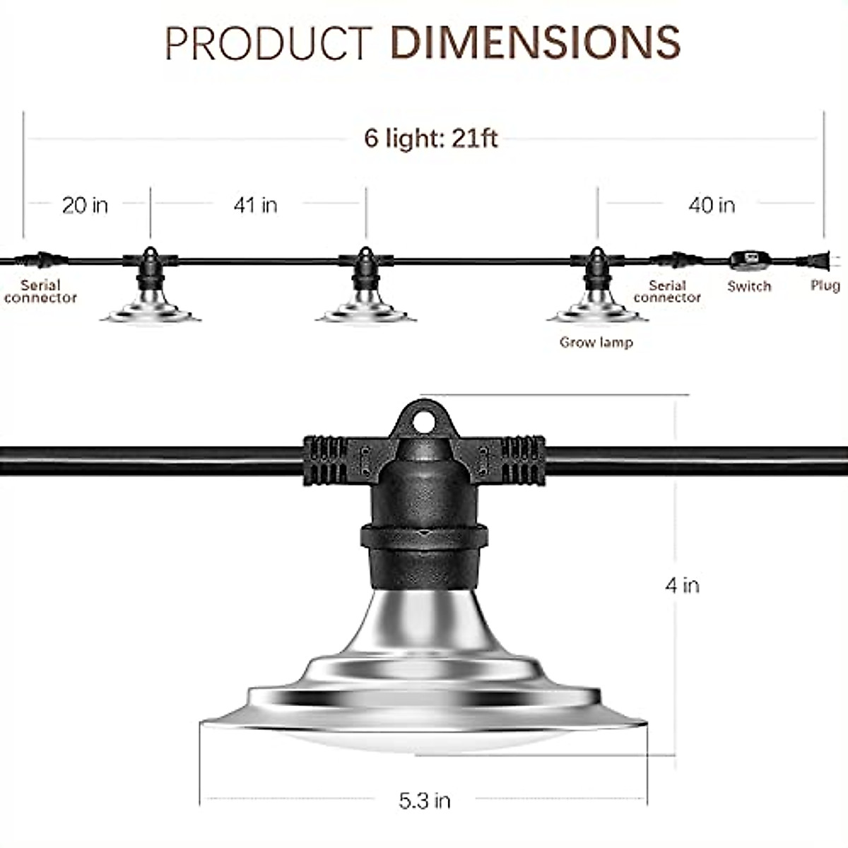 Espird Outdoor LED Grow Lights for Greenhouse Waterproof String Grow Light, Full Spectrum LED Plant Grow Light Lamp, Waterproof Greenhouse Grow Lights for Seedling, Veg, Flower (6-Bulbs)