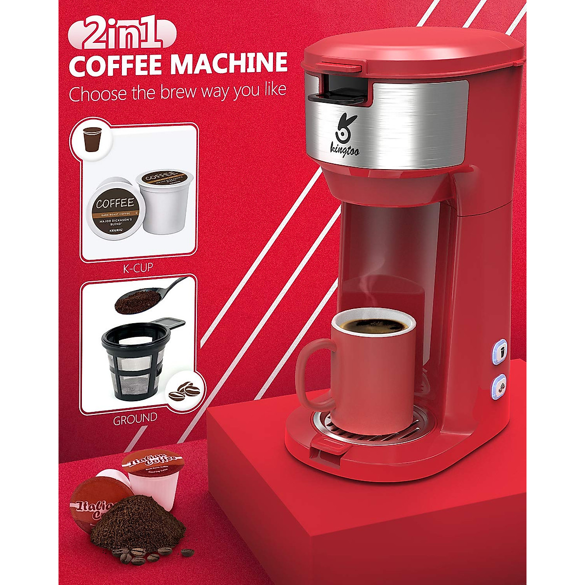 KINGTOO Single Serve Coffee Maker, Single Serve K Cup Coffee Maker for K-Cup Pod & Ground Coffee, Thermal Drip Instant Mini Coffee Machine with Self Cleaning Function, Brew Strength Control