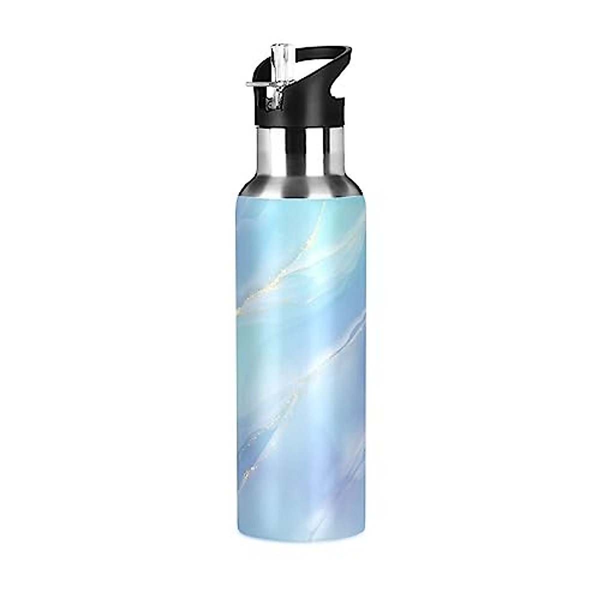 Kigai Blue Gold Marble Stainless Steel Sports Water Bottle BPA-Free Vacuum Insulated Leakproof Wide Mouth Flask with Straw Lid Keeps Liquids Cold or Hot for Gym Travel Camping