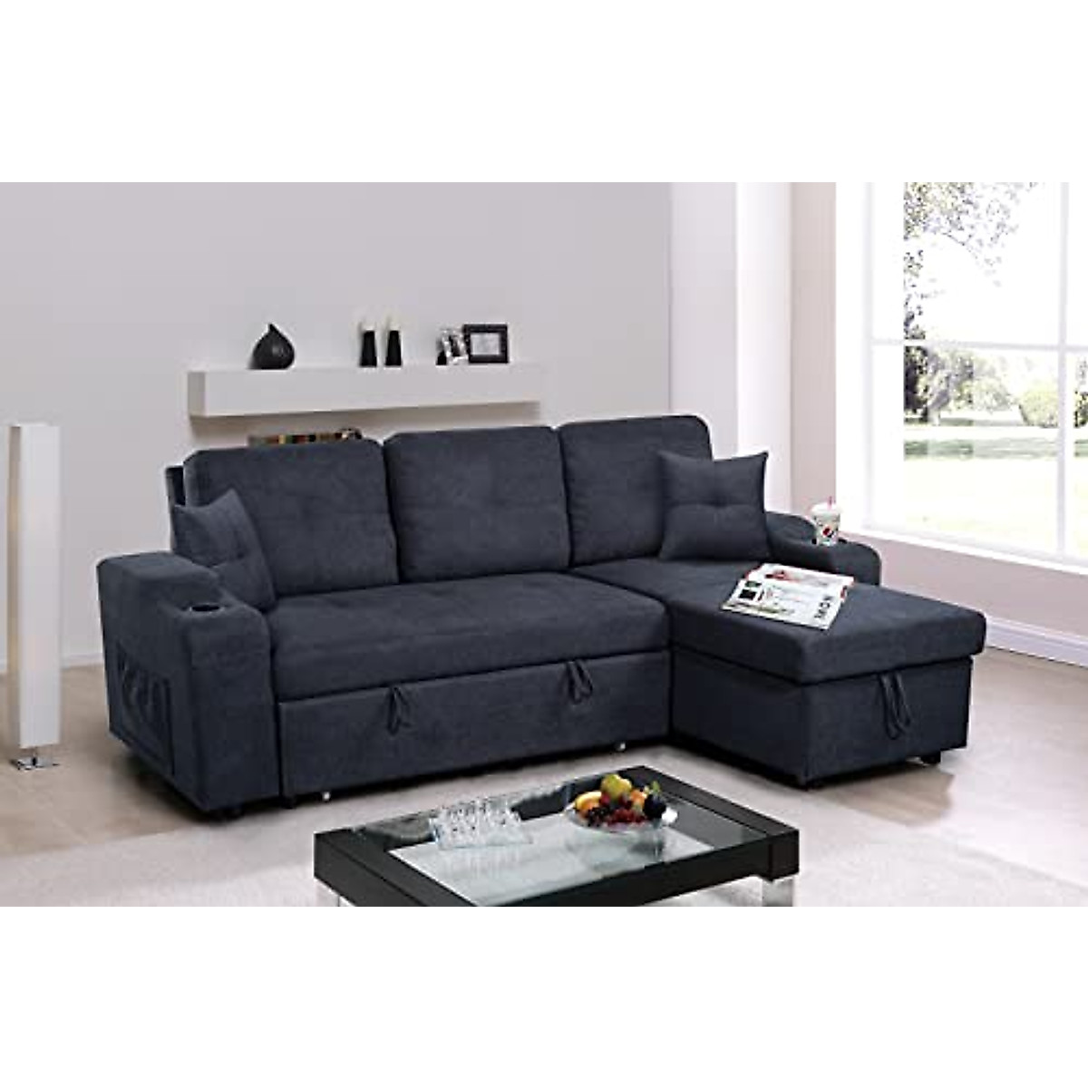 MOEO L-Shape Sleeper Sectional Sofa with Pull-Out Bed and Storage Space, Convertible Left/Right Couch w/Chaise Longue, 2 Cup Holders & Side Pockets for Living Room, Home, Apartment, 92", Dark Gray