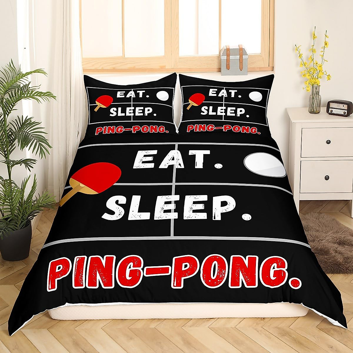 Feelyou Kids Ping Pong Duvet Cover Cool Sport Theme Bedding Set for Boys Teens Eat Sleep Ping Pong Decor Comforter Cover Set Ball Games Quilt Cover Room 2Pcs Twin Size,Zipper