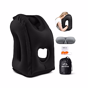 JefDiee Inflatable Travel Pillow, Airplane Neck Pillow Comfortably Supports Head and Chin for Airplanes, Trains, Cars and Office Napping with 3D Eye Mask, Earplugs and Portable Drawstring Bag (Black)