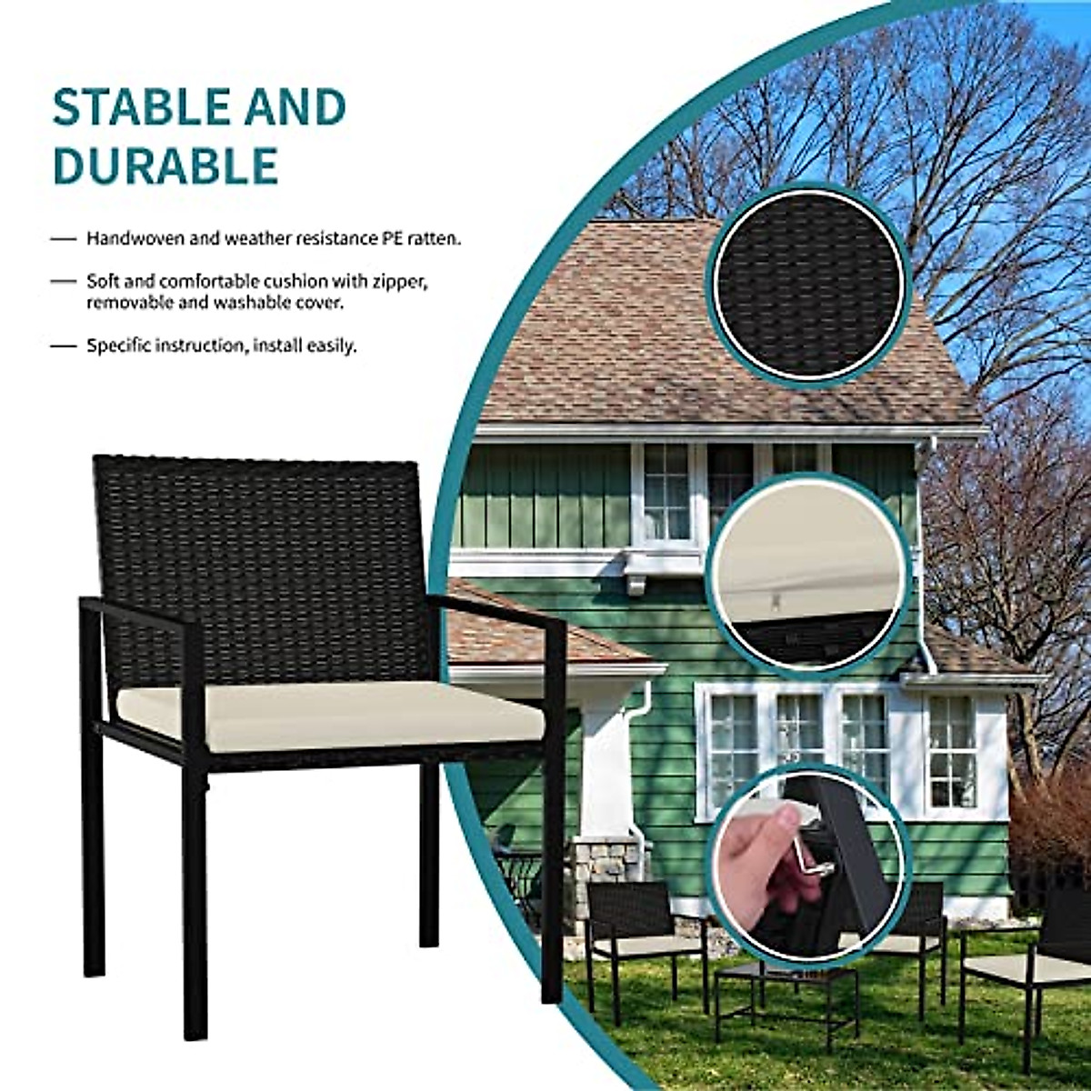 Bigzzia Patio Furniture Set, 4 Pcs Outdoor Conversation Furniture, Includes 2 Rattan Chairs and 1 Loveseat, 1 Tempered Glass Table, with Extra Cushions, Garden Furniture Set for Small Spaces