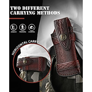 Omesio Damascus Pocket Knife with Leather Sheath for Men Women, Wooden Handle, Vg-10 Steel Damascus Folding Knife, 3.54 Inch Blade Foldable EDC Knife for Camping Fishing Hiking Hunting Gift