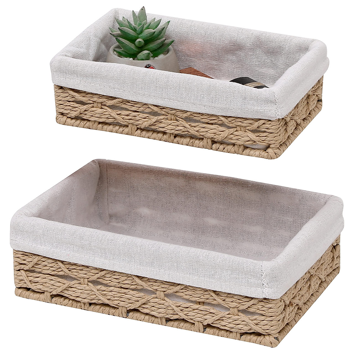 Sopsele Small Wicker Baskets for Organizing,Paper Rope Storage Basket，Desk Basket With Liner,Hand Towel Baskets, Baskets for Drawer Organizing, Toilet Tank Basket, Set of 2 Beige