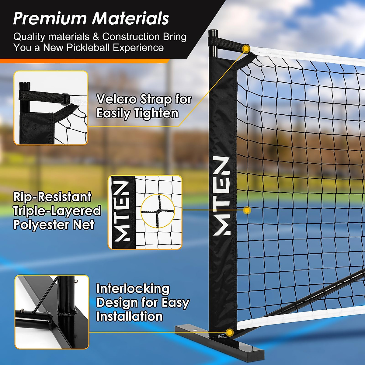 MTEN Pickleball Net, Portable Pickleball Net for Driveway, 22 FT USAPA Regulation Size, Steady Metal Frame, with Carrying Bag for Backyards, Driveways, Outdoor Indoor
