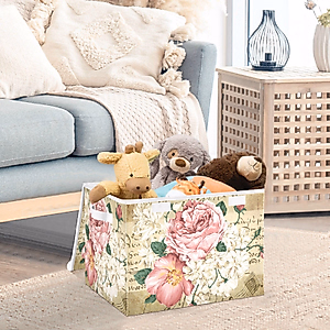 Shabby Chic Pink Rose Storage Bin with Lid Large Oxford Cloth Storage Boxes Foldable Home Cube Baskets Closet Organizers for Nursery Bedroom Office
