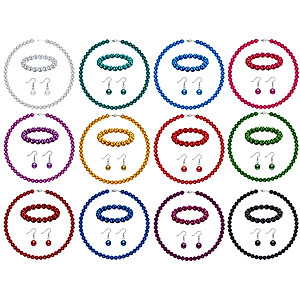 Laumoi Set of 12 Faux Pearl Jewelry 10 mm Round Shell Pearl Big Simulated Pearl Necklace Bracelet Earrings Stunning Bracelet Dangle Earrings Pearl Statement Jewelry Gift for Women, 12 Colors