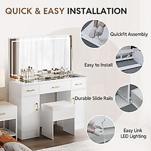 WAYES 43.3" Clear Glass Top Makeup Vanity Desk Set with LED Mirror, Charging Station, and Storage Stool, Modern, White