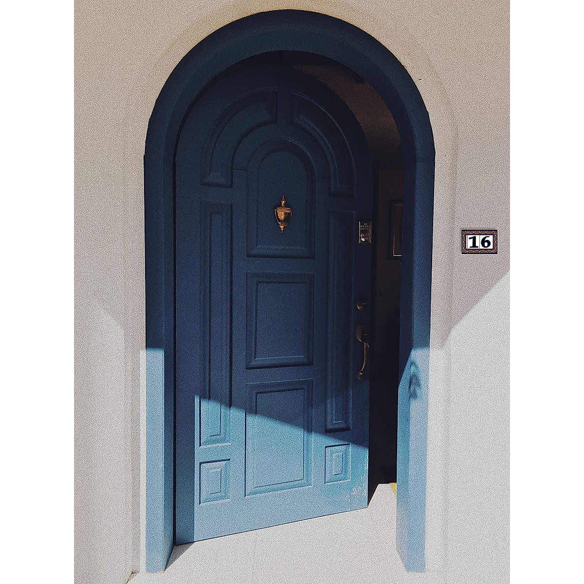 Toro del Oro - House Number - Number for House, Glazed Ceramic, Hand Painted Spanish Technique Cuerda Seca, Names and Addresses, Blue Bow Model 5.5 x 10.5 cm (5)