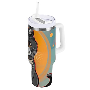 Cat Cartoon Tumbler with Handle and Straw 30-40 Lid Cup Holder Compatible for Travel Insulated Stainless Steel Cup Food Grade PP Gifts for Him Her BPA-free